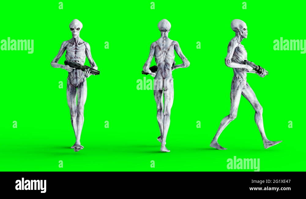 Alien walking with gun. Realistic motion and skin shaders. 4K green ...