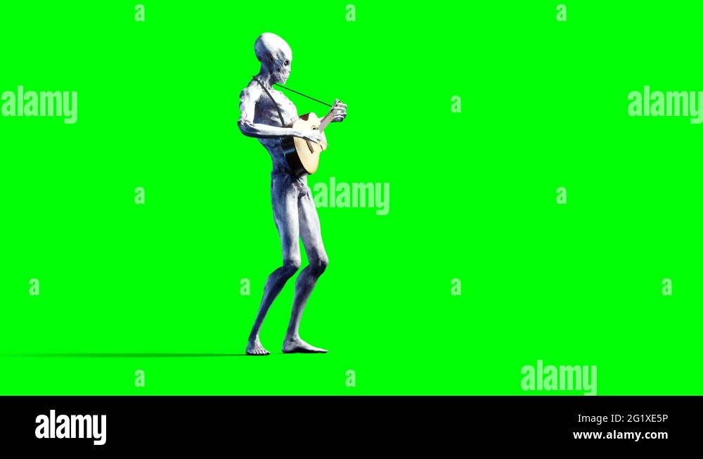 Funny alien plays on acustic guitar. Realistic motion and skin shaders ...