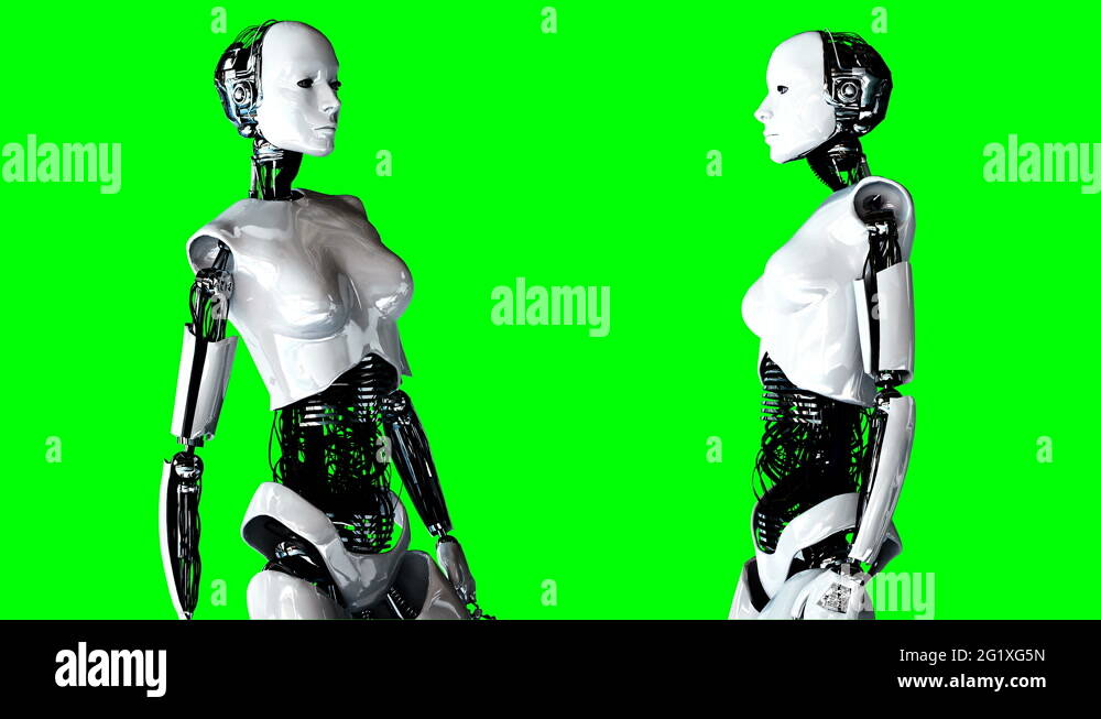 Futuristic humanoid female robot is idle . Realistic motion and ...