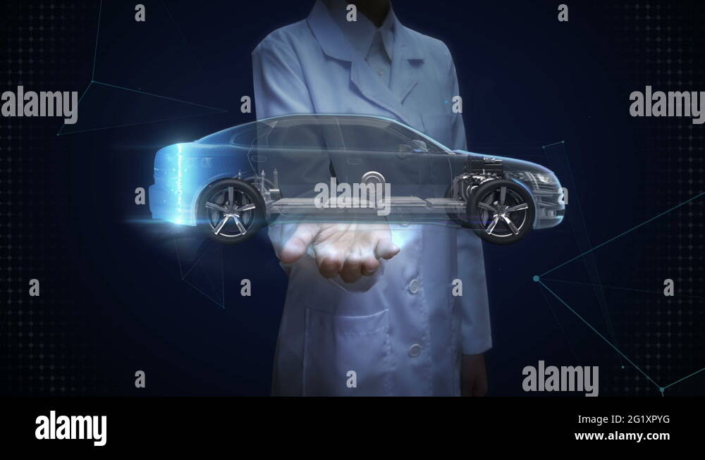 Female scientist palm, Electronic hybrid car. Charging Battery car. top ...