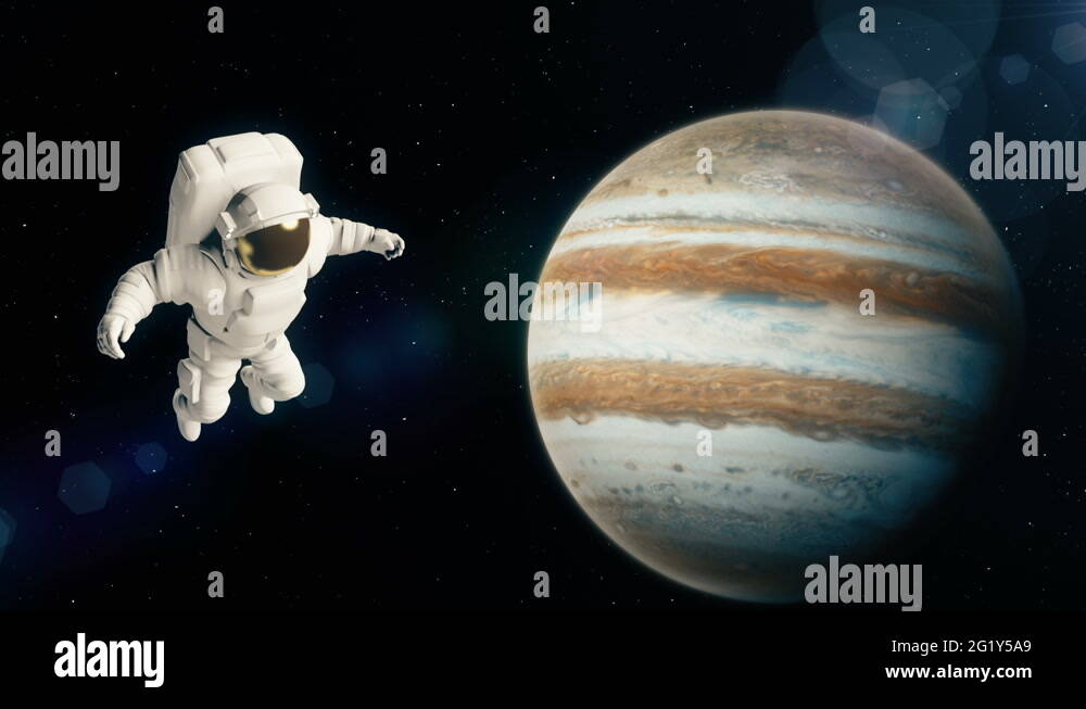 Astronaut in outer space is flying over the planet Jupiter Stock Video ...