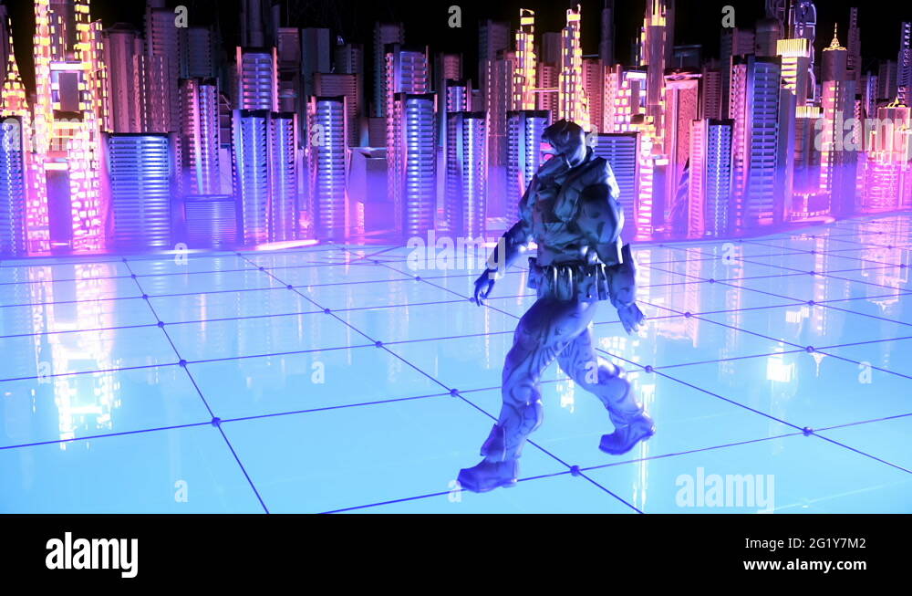 Futuristic soldier on a future city background Stock Video Footage - Alamy