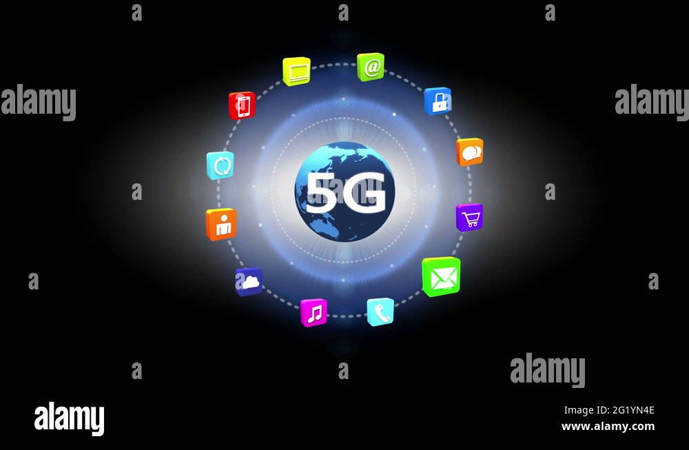 4k 5G symbol,concept,online services icons,social media around rotating ...