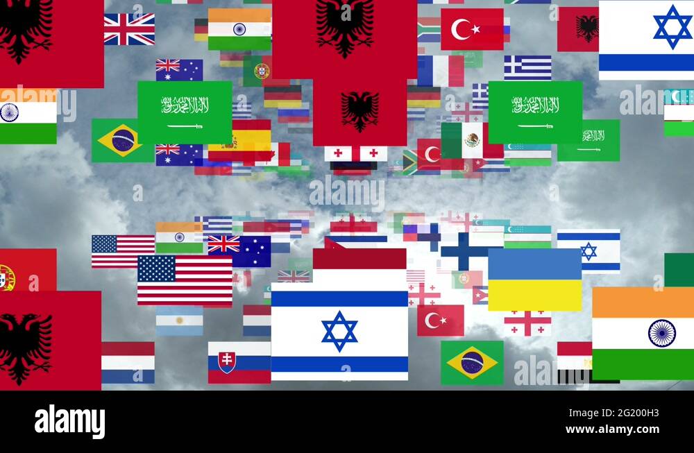 4K flying flags of different countries on sky background Stock Video ...