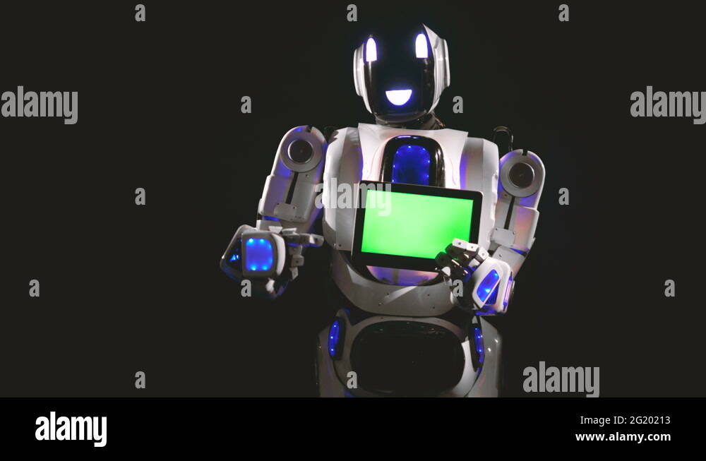 A robot shows a green screen board in its hands Stock Video Footage - Alamy