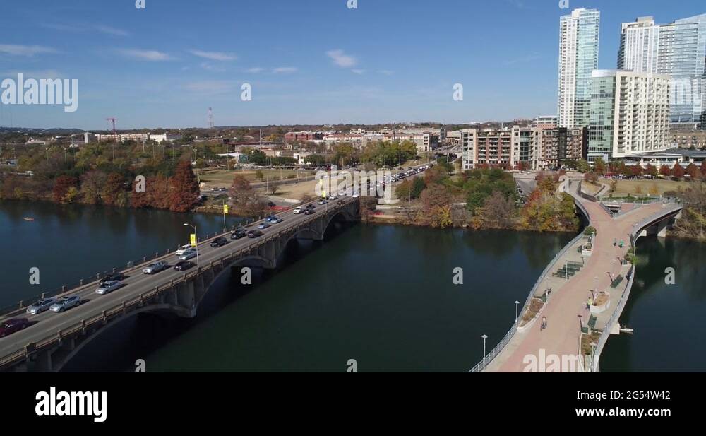 Slow Forward Aerial View of Austin Skyline and Pfluger Pedestrian ...