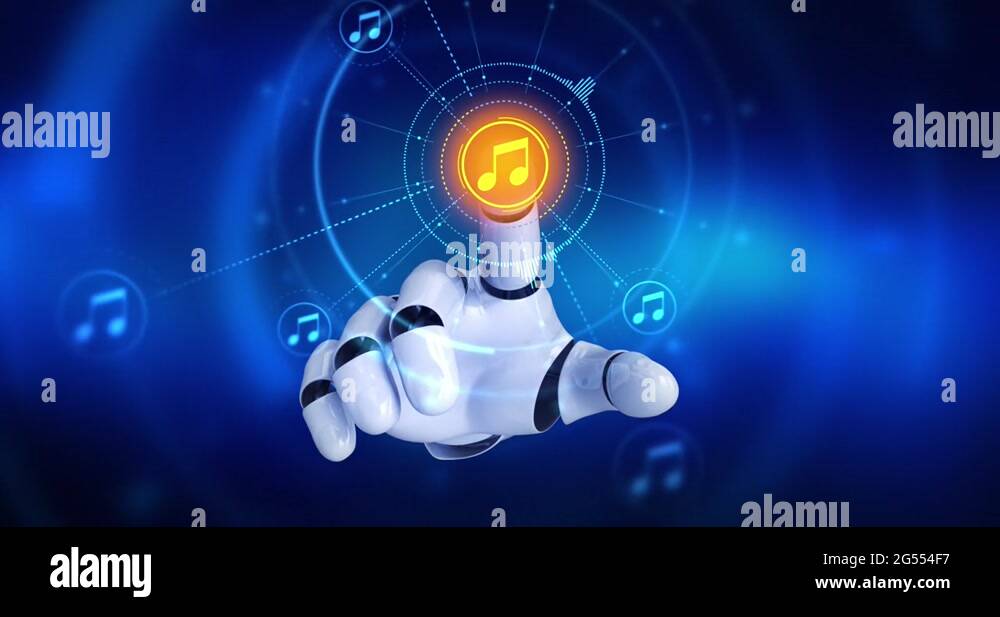Robot hand touching on screen then musical note symbols appears Stock ...