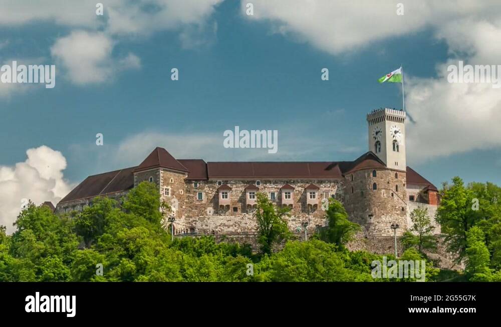 Ljubljana castle (Ljubljanski grad) with clock tower Stock Video ...