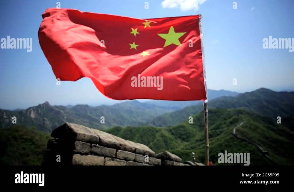 Chinese National Flag Great Wall of China red stars Beijing Stock Video ...