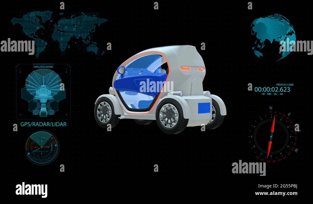 Autonomous vehicle, driverless car rotating on black background, loop ...