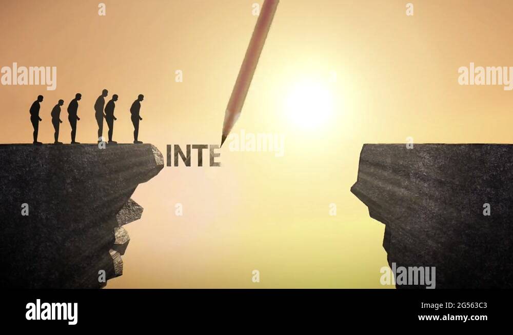 Pencil write 'Intelligence', connecting the cliff. man crossing the ...
