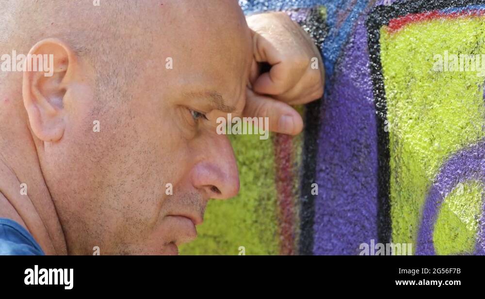 Extreme Close Up Sad Man Suffering Worried Suffering Person Graffiti ...