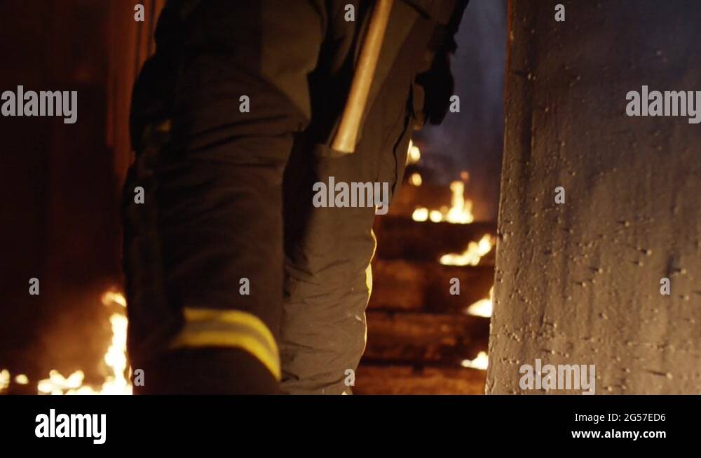 Two Brave Firefighters Go Up Burning Stairs. They Go Through Open Doors ...