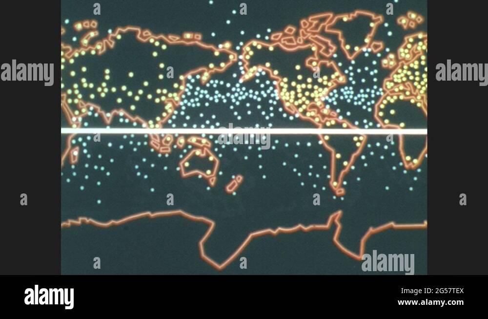 1970s: Bow of boat. Ship in water. Animated world map covered in dots ...