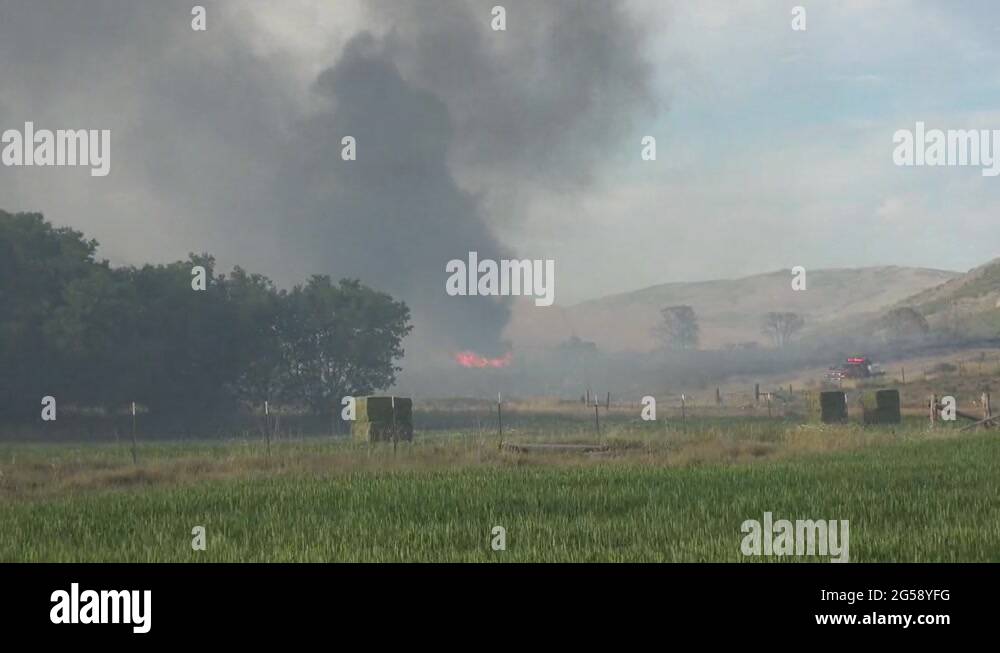Farm building destroyed by wildfire fireman watch fast 4K 004 Stock ...