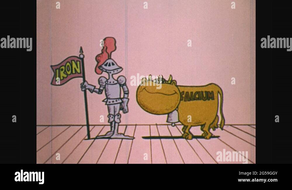UNITED STATES: 1970s: curtain raises on cartoon iron knight and calcium ...