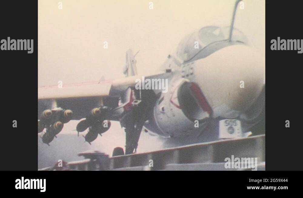 1980s: Fighter jets taking off aircraft carrier at sea. Pilots view ...