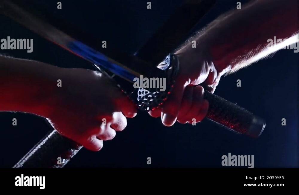 Japanese samurai warriors fighting with swords. Blade close-up Stock ...