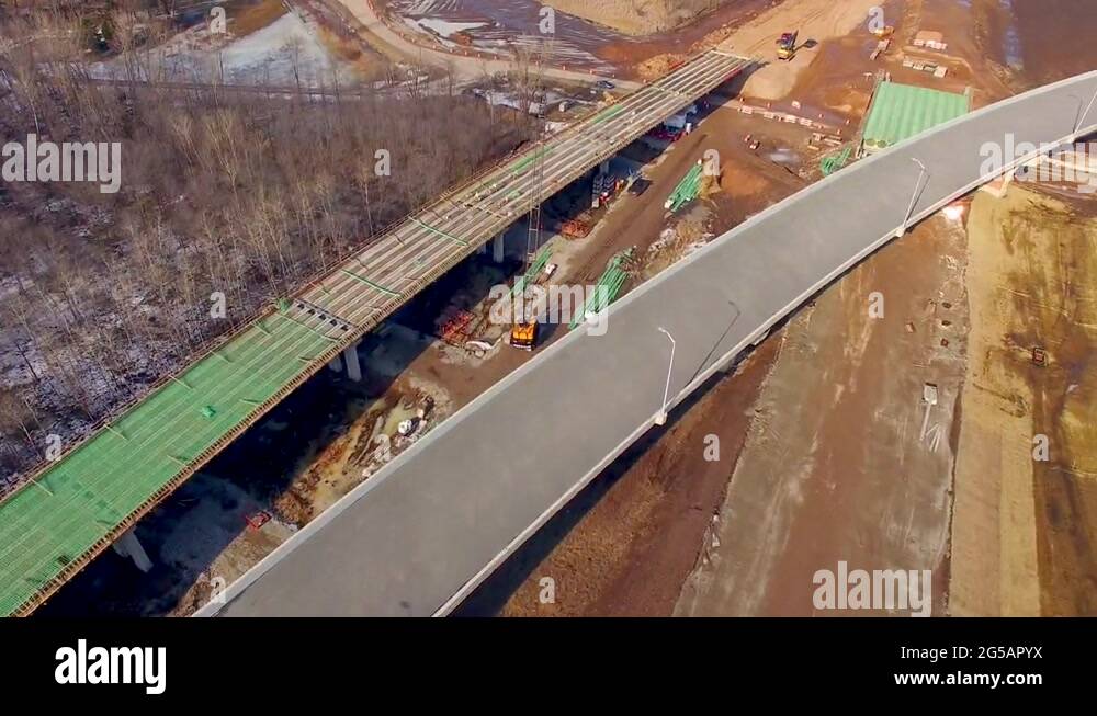 New highway construction project, dynamic aerial flyover view Stock ...