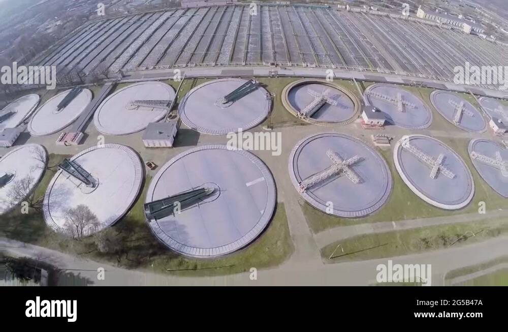 Many large sumps in wastewater treatment plant at spring Stock Video ...