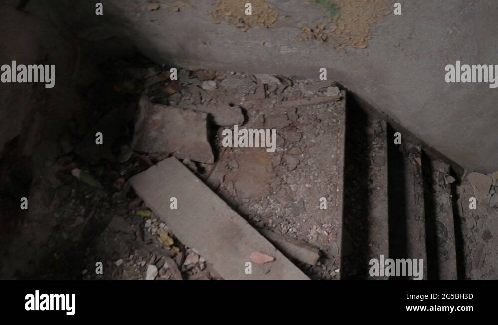 FPV: Ascending broken fragile staircase in ruined abandoned collapsing ...