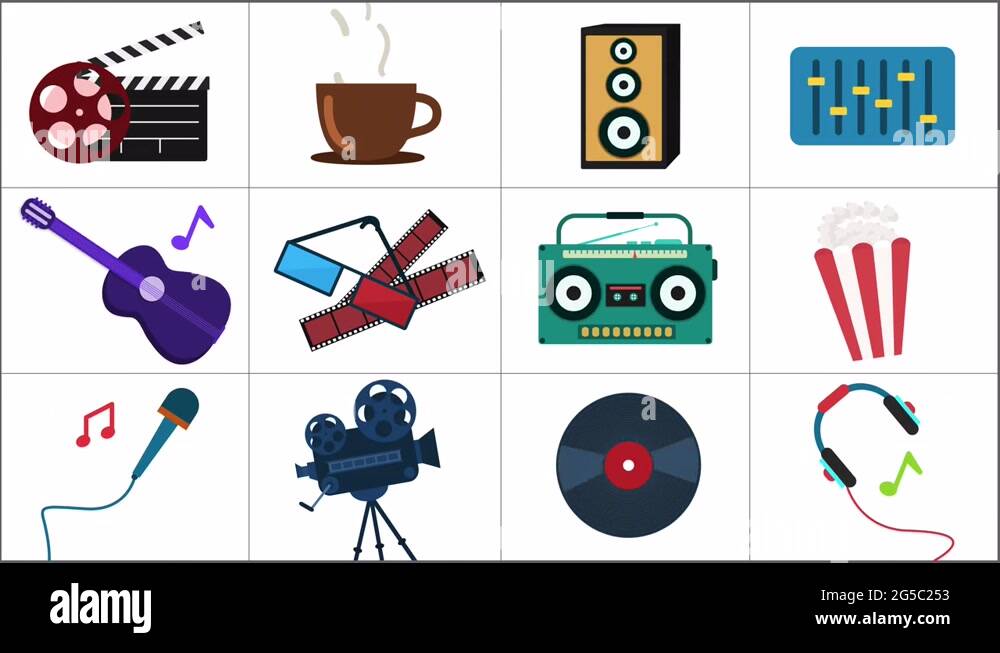 Cartoon animation of Entertainment Icons isolated on white Background ...