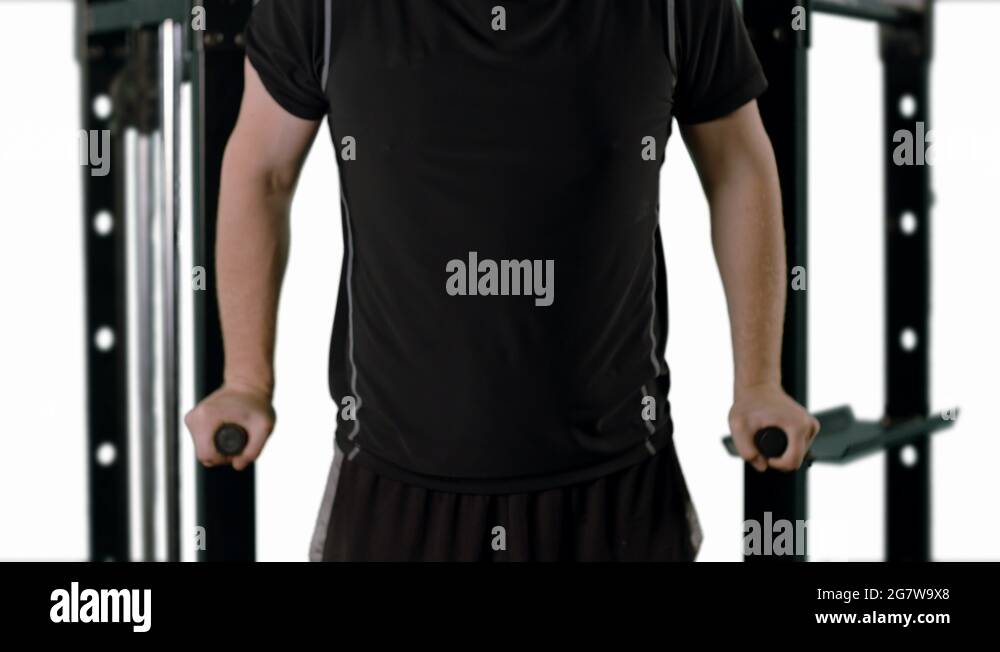 MCU Man Doing Body Lifts on Exercise Frame with White Background 4K ...