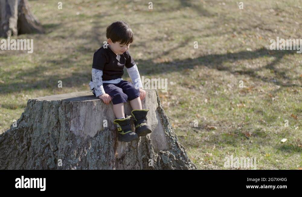 Boy sits on a tree stump and waves his legs around HD Stock Video ...