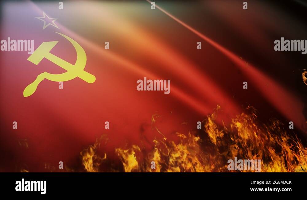 4k Former Soviet Union flag burning wrinkles waving wind flame fire ...