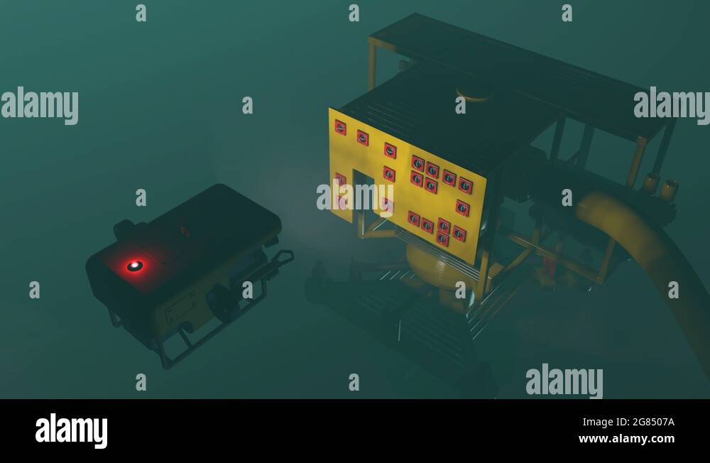 ROV adjusting underwater oil and gas equipment, 3D animation Stock ...