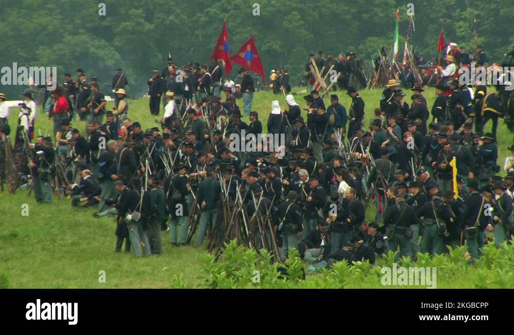Civil War reenactment -- Union Soldiers in formation prepare for battle ...