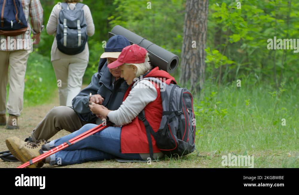 Elderly Hikers Using Compass in Forests Stock Video Footage - Alamy