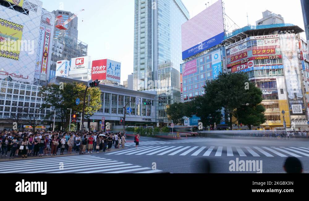 People and cars cross the famous intersection in Shibuya, daytime 4K ...