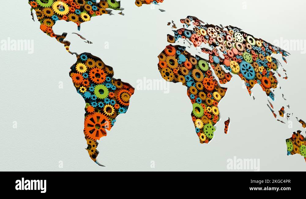 Global crisis. World map with spinning gears breaks apart. Political ...
