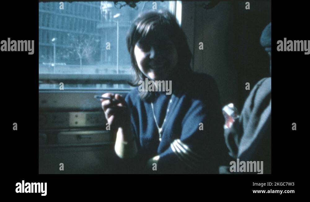 Italian Woman Smoking a Cigarette on a Public Transport Train Seventies ...