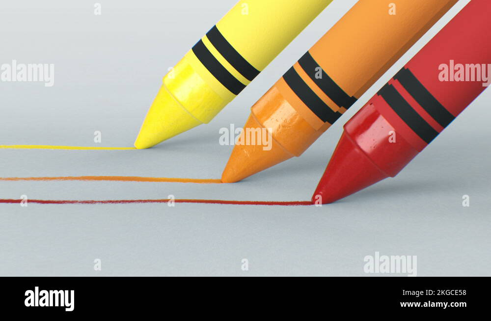 Three Wax Crayons Drawing Lines on Clear Paper is Close-up. Looped 3d ...