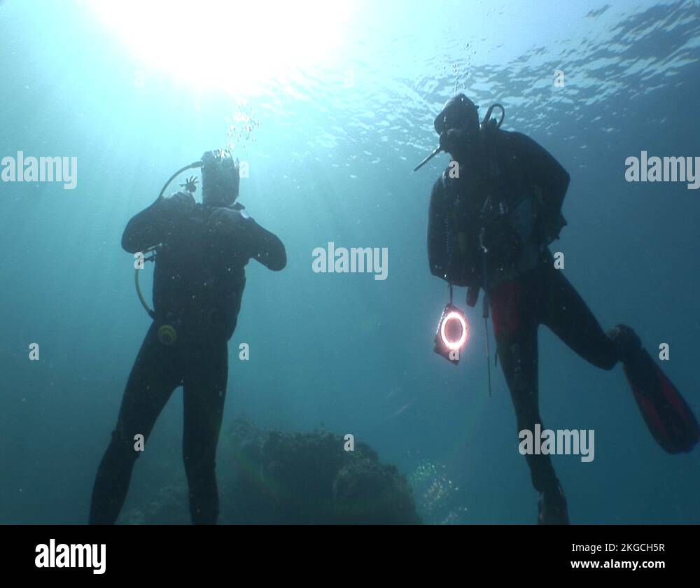 scuba divers silhouette descending ascending underwater sun and boat ...