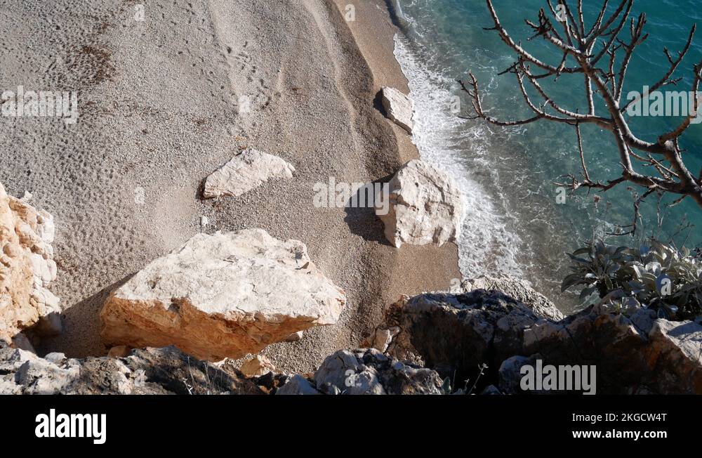 bay, beach and calcareous canyon of Gjipe at sunset, Vlore, Albania ...