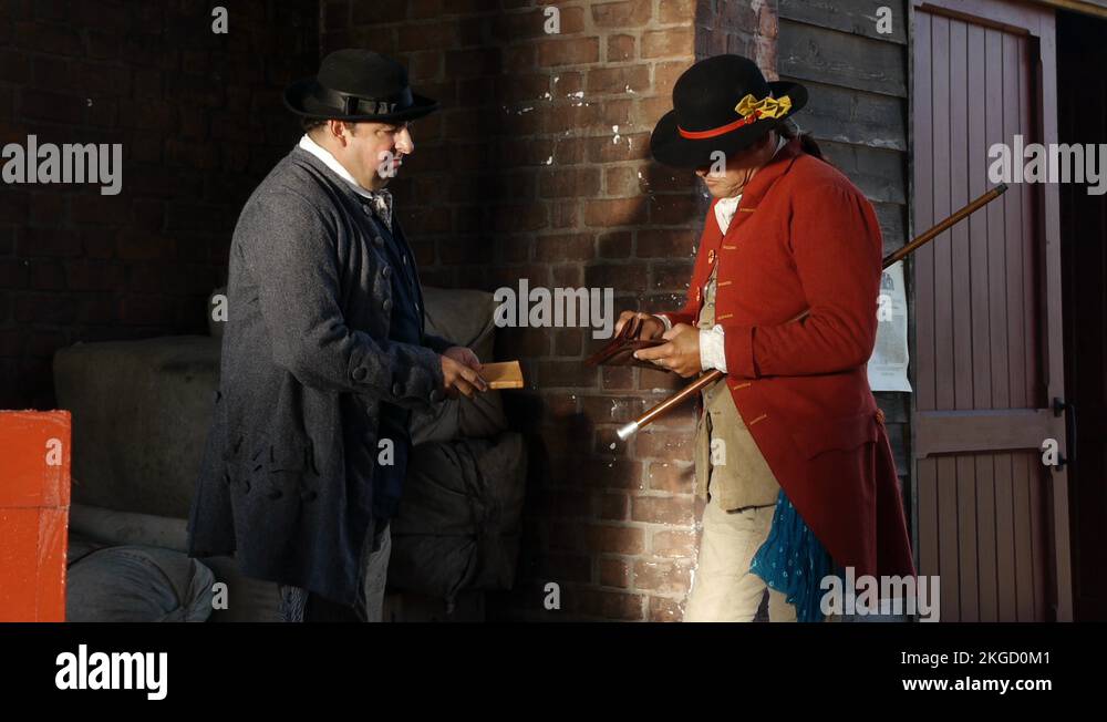 Colonial men conducting business - paying for goods with money ...