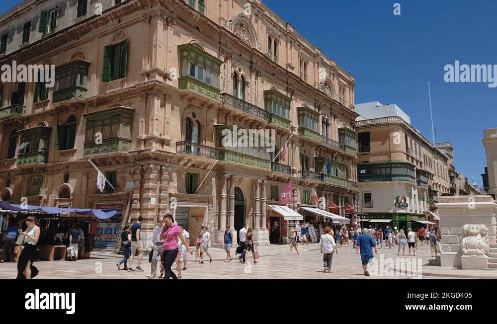 Valletta, Malta pedestrian zone & traditional historic city buildings ...