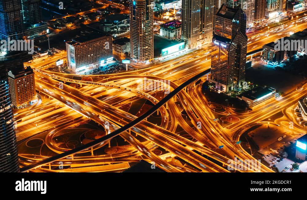 Night view of Dubai’s skyscrapers and Sheikh Zayed Road interchange ...