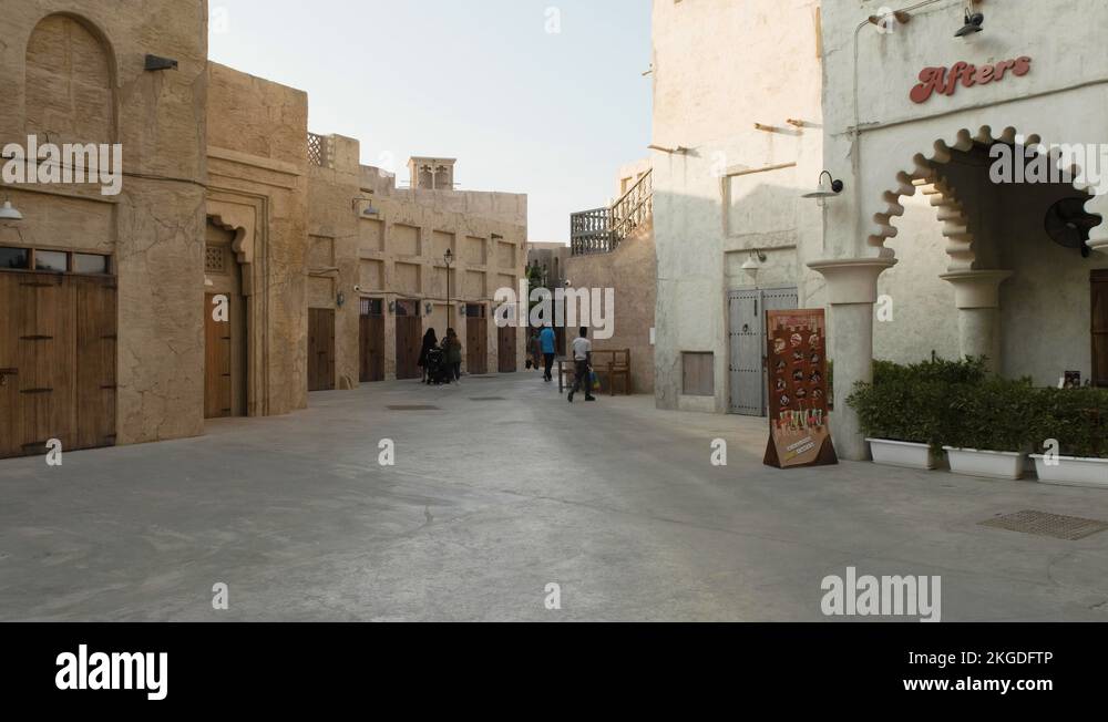 Dubai New District, Al Seef. View of restaurant in traditional arabic ...