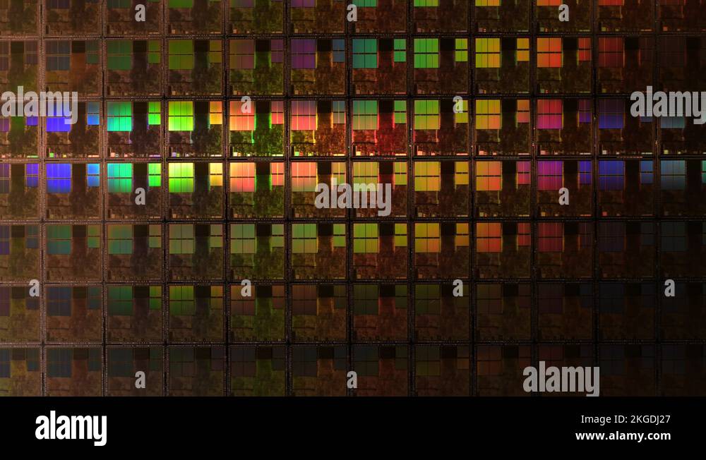 Scanning light ray across a silicon wafer with computer chips Stock ...