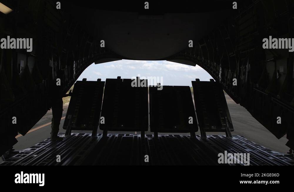 Interior view of cargo ramps being lowered on C-17 Globemaster Stock ...
