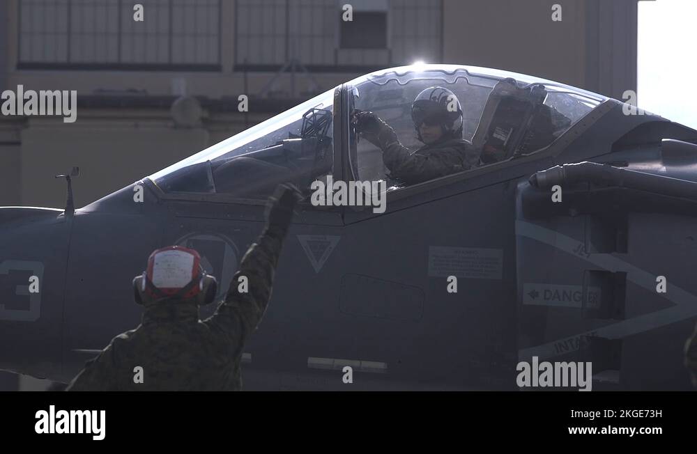 Aircraft marshaller and Harrier AV-8B pilot signalling to one another ...