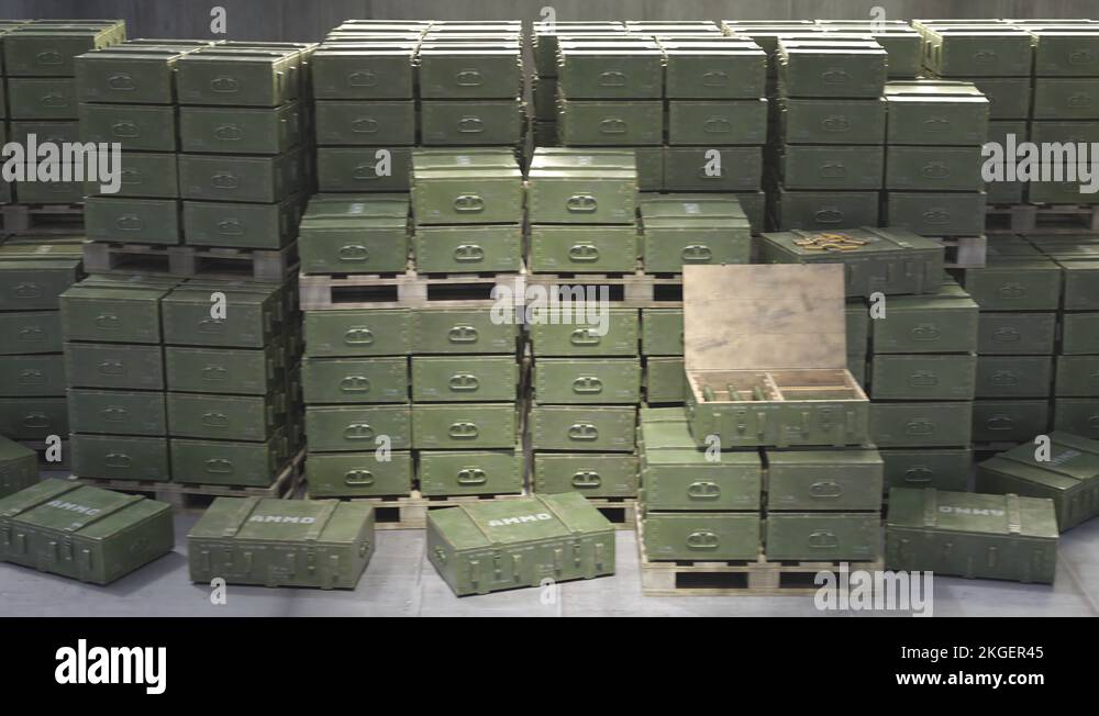 Huge stack of ammo boxes with RPG missiles and rifle ammunition in ...