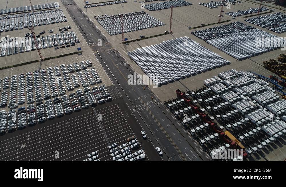 Aerial view a lot of car for import and export shipping by ship ...