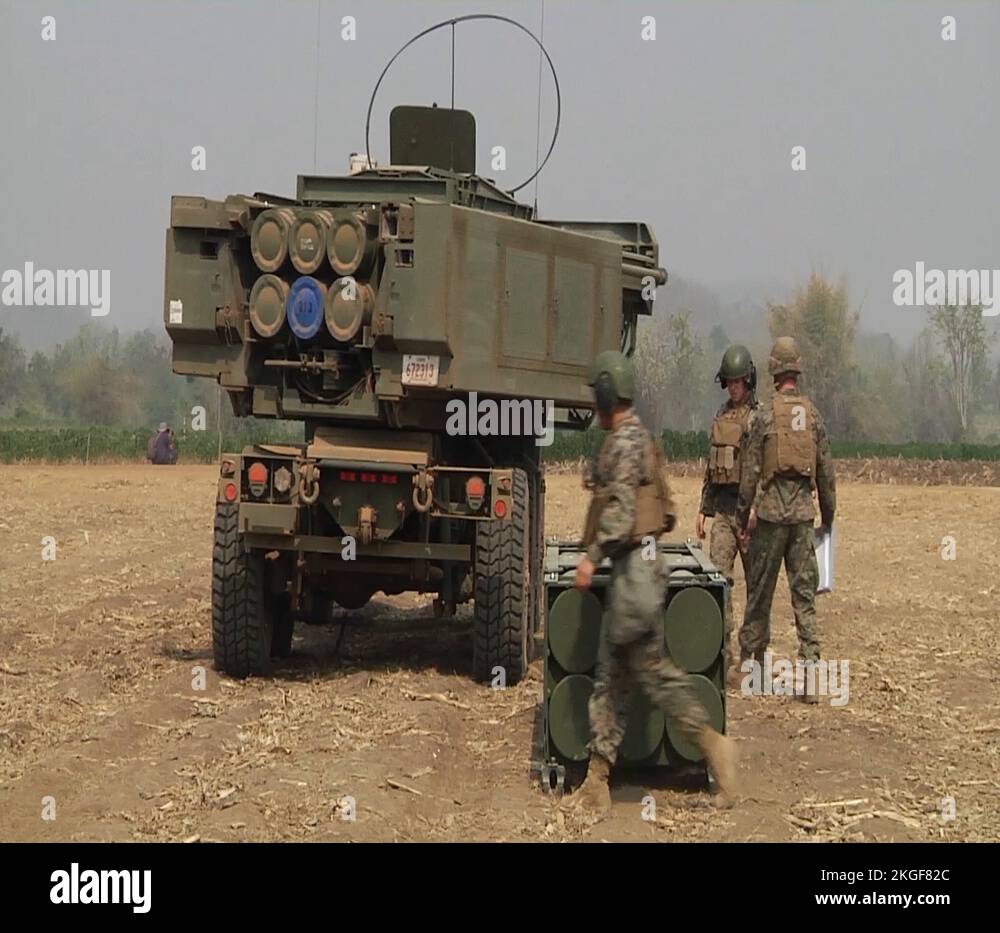 High mobility artillery rocket system rotating for live fire exercise ...