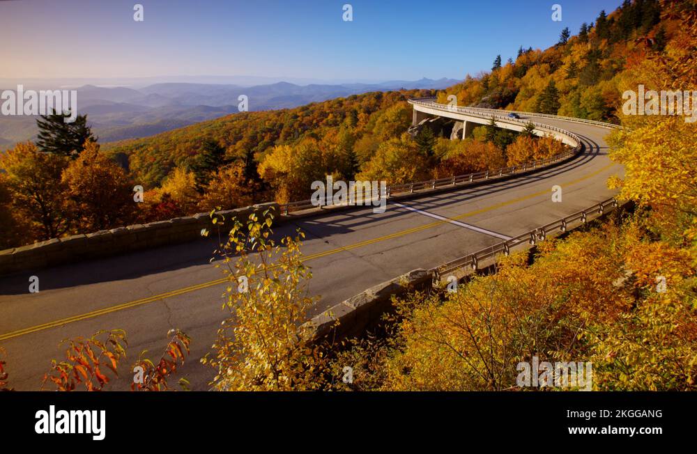 Pan shot of a car on the iconic Linn Cove Viaduct on the Blue Ridge ...