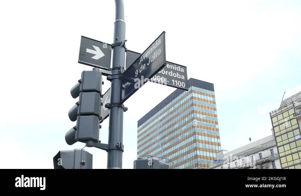 Avenida 9 de Julio street sign tilt down shot to cops guarding ...